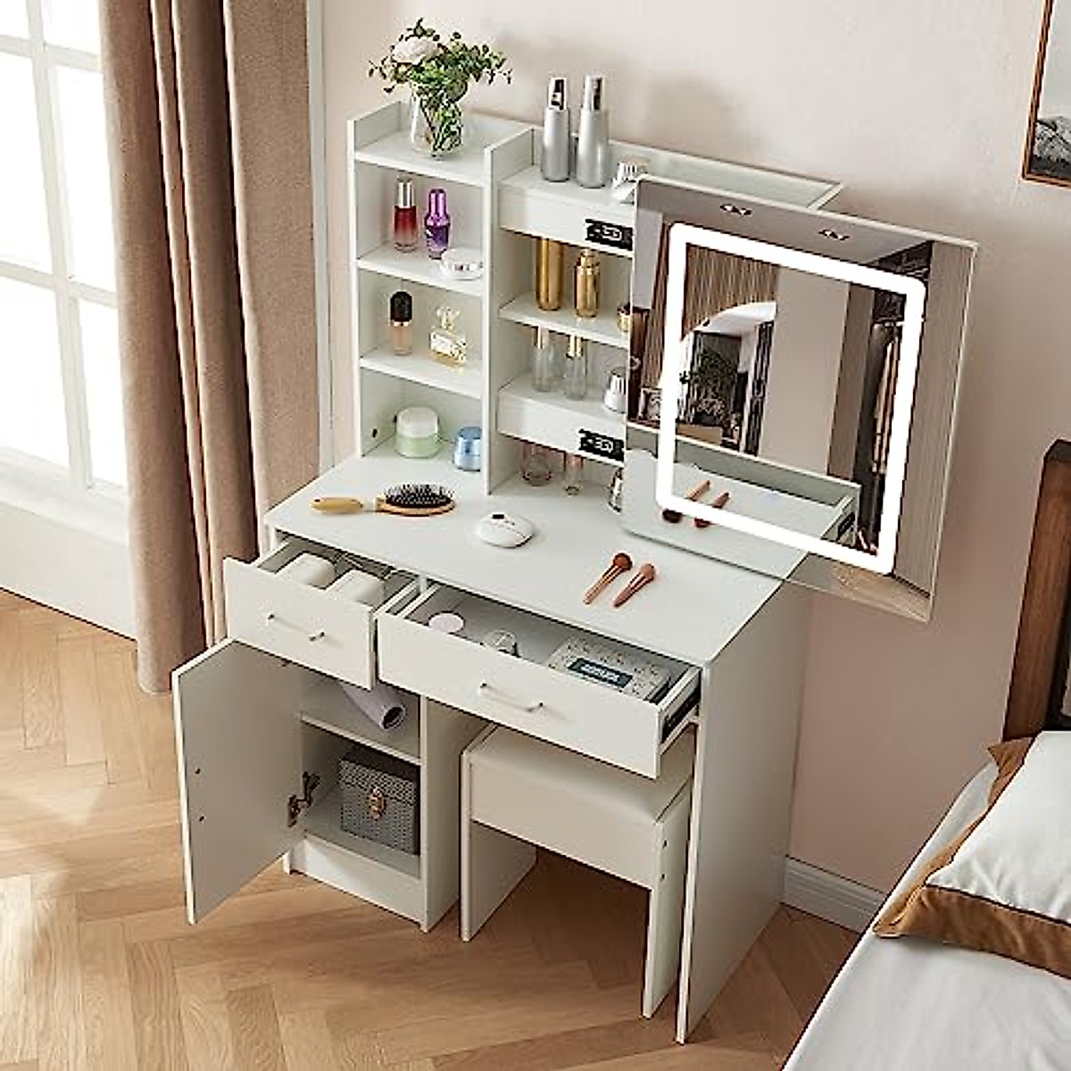 Buildonely Modern Dressing Table Set with Lighted Mirror and Large Tabletop, Vanity Desk Set LED Makeup Table with Touch Screen and Chair for Bedroom, Home, Girls. Women. White