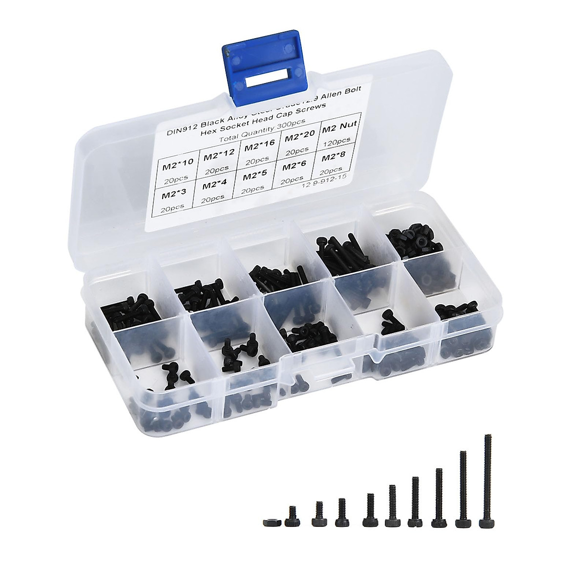 300PCS M2 x 3-20mm 12.9 Grade Black Hex Socket Screw Bolt and Nut Kit Alloy Steel Button Head Socket Bolts