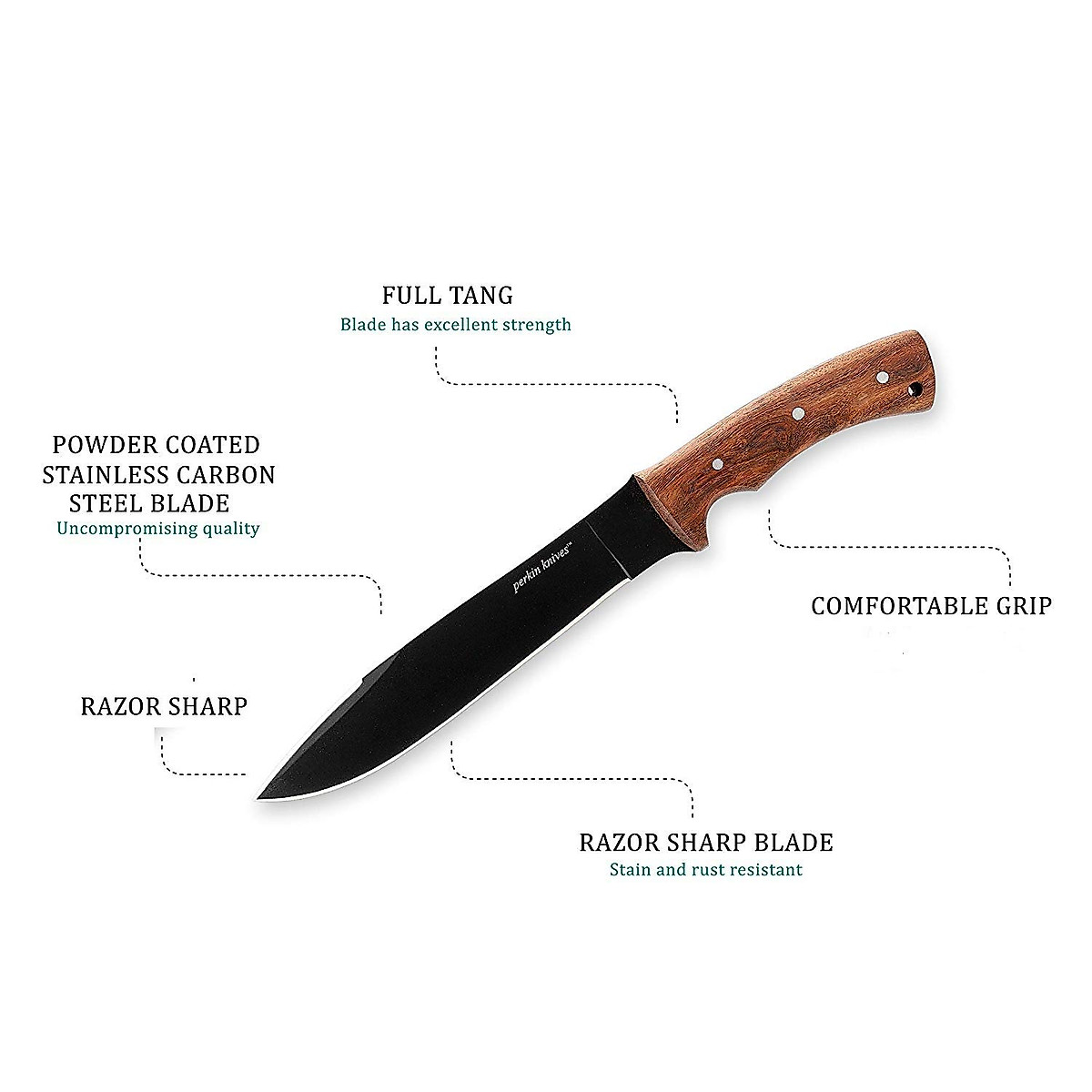 Perkin - Fixed Blade Hunting Knife - Black Carbon Steel Bushcraft Knife - 12.8 Inchs Full Tang Camping Survival Knife