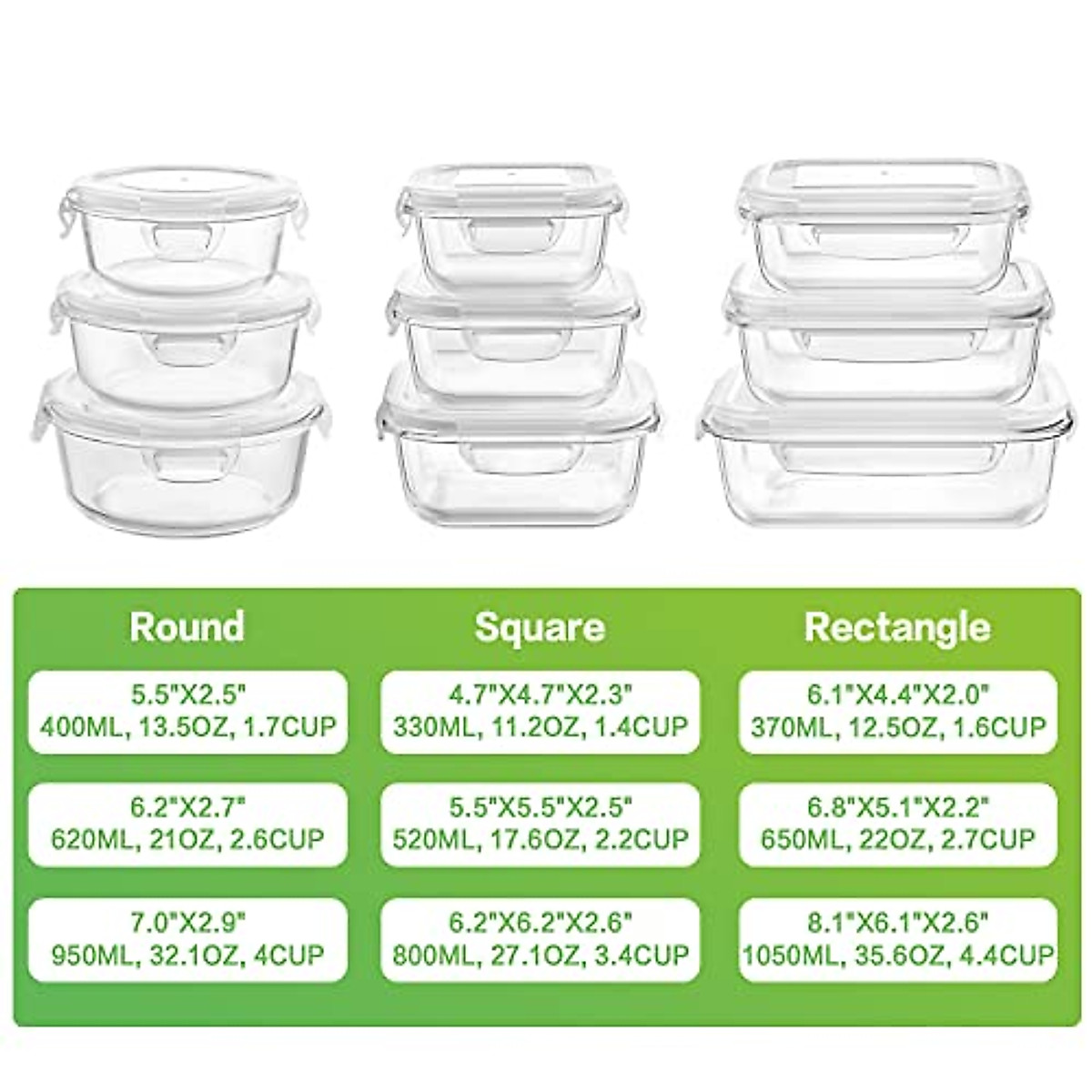 HOMBERKING Glass Food Storage Containers with Lids, [18 Piece] Glass Meal Prep Containers, Airtight Glass Lunch Bento Boxes, BPA-Free & Leak Proof (9 lids & 9 Containers) - White