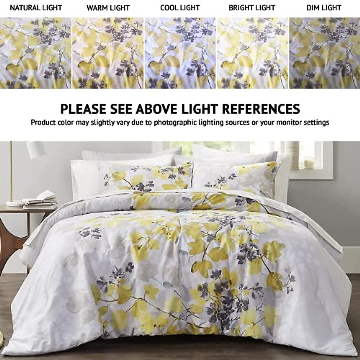 Comfort Spaces Bed in A Bag - Trendy Casual Design Cozy Comforter with Complete Sheet Set with Side Pocket, All Season Cover, Matching Shams, Queen, Nina, Leaf Yellow/Grey 9 Piece