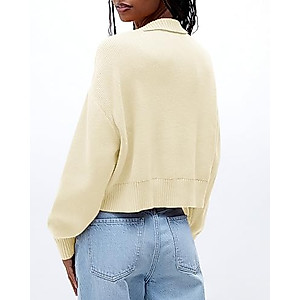 Danedvi Womens V Neck Crop Sweaters Fashion Stand Collar Knit Sweatshirts Long Sleeve Loose Casual Pullover Sweater Off-White