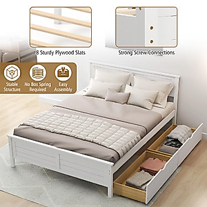 KOMFOTT Full Size Wood Bed Frame with 2 Storage Drawers, Mid Century Platform Bed Frame with Headboard, Sturdy Wooden Slats Support, Modern Mattress Foundation, No Box Spring Required, Easy Assembly