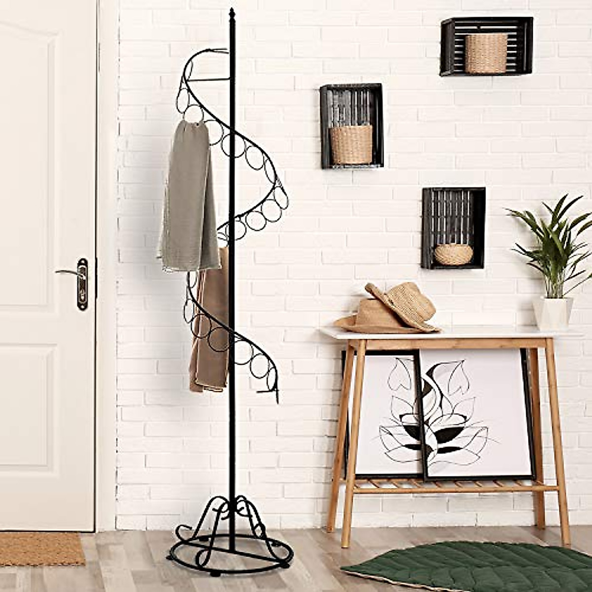 MyGift Black Metal Freestanding Scarf Hanger and Belt Display Holder Organizer with 25 Rings and Spiral Design, Decorative Shawl and Scarves Rack