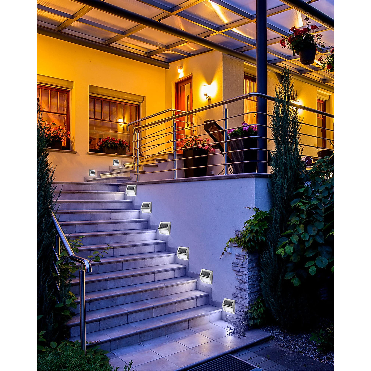 Treela 24 Packs Outdoor Fence Lights Solar Powered Deck Lights Waterproof Backyard Lighting Stainless Steel Lamp Stairs Fence Light Security Wall Lamps for Step Walkway Patio Garden Pathway (White)