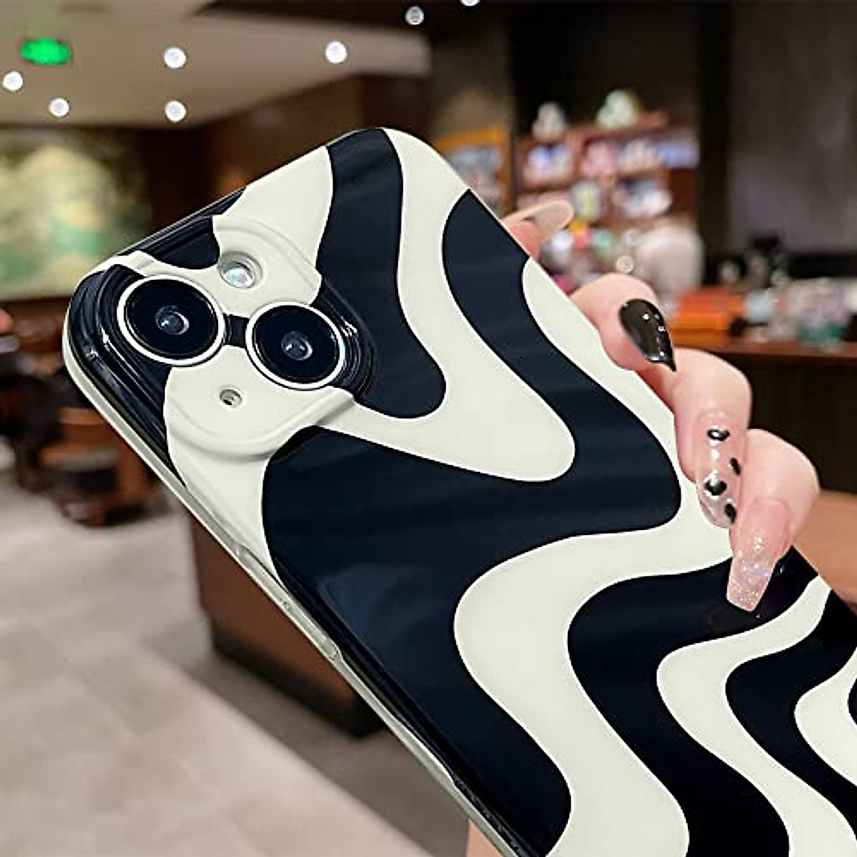 MZELQ for iPhone 13 Case, Cute Pattern Wave IMD Soft Phone Case, Camera Protection Lens Black and White Shockproof Phone Case for Girls Women