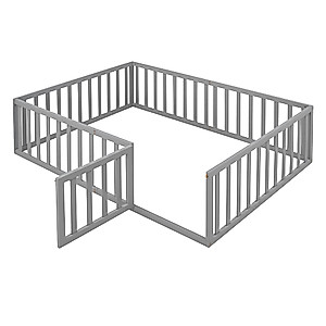 LZ LEISURE ZONE Full Size Platform Bed with Fence, Solid Wood Floor Bed Frame with Door, Full Size Daybed Fram, Gray