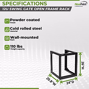 NavePoint 12U Server Rack with Swing Gate - 12U Wall Mount Rack for 19 Inch IT Equipment Open Frame Rack – Network Rack Wall Mount for AV & Server Equipment 24” Deep 12U Rack, Black