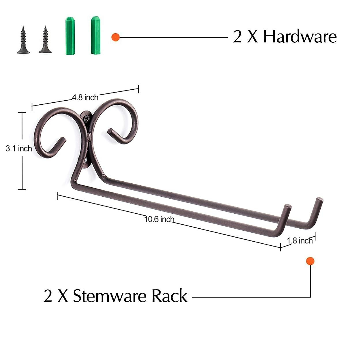 HOWDIA Wine Glass Rack Wall Set of 2 Bronze, Stemware Rack, Wine Glasses Holder Storage Hanger Organizer Metal for Cabinet Kitchen or Bar