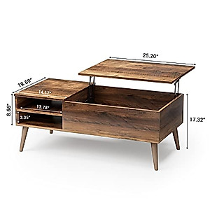 Furmax Lift Top Coffee Table for Living Room, Small Coffee Table with Adjustable Storage Shelf, Hidden Compartment and Metal Frame, Wood Mid Century Modern Coffee Table Retro Center Table (Rustic Oak)