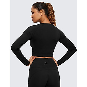 CRZ YOGA Seamless Long Sleeve Shirts for Women Workout Athletic Crop Tops Cropped Running Gym Yoga T-Shirts Black Medium