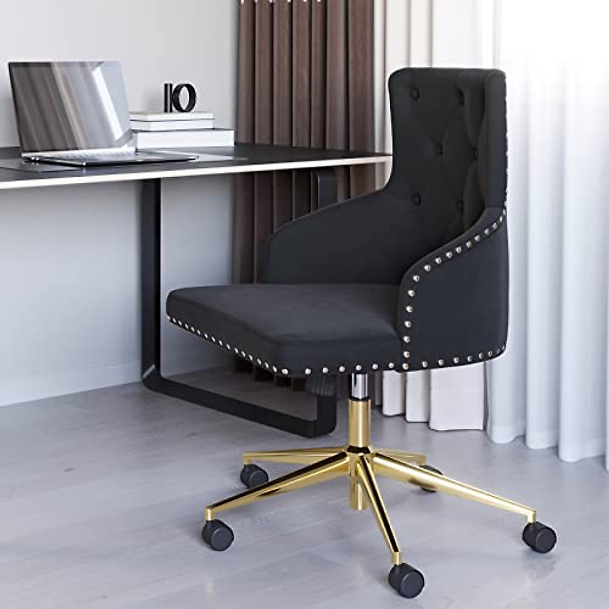 BELLEZE Modern Velvet Desk Chair for Home Office or Bedroom Vanity, Tufted Upholstered Seat with Slim Arms, Adjustable Height, Swivel, Wheels - Belden (Black)