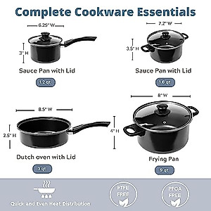 Imperial Home 7 Pc Carbon Steel Nonstick Cookware Set, Pots & Pans Set, Dishwasher Safe Cookware Set, Cooking Set, Kitchen Essentials (Black)