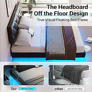 DICTAC Floating Bed Frame Full Size with Headboard and Charging Ports Modern Visual Full Floating Bed with Led Lights Black Faux Leather Upholstered Platform LED Full Bed Frame,No Box Spring Needed