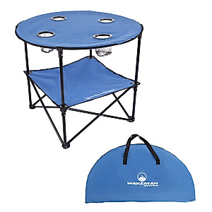 Wakeman Camp Table - Round 2-Tier Folding Table with 4 Cupholders and Carrying Bag - for Camping, Beach, Picnic, Sporting Events, and More Outdoors,Blue