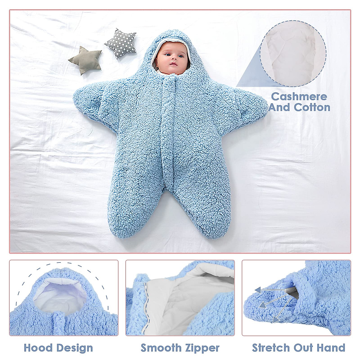 Unisex Baby Wearable Sleeping Bag Cashmere Cotton Starfish Fleece Newborn Wrap Blanket Sack Dibiao Breathable Bag Sleeper for 0-6 Months Baby Boys Girls (vlight Blue)