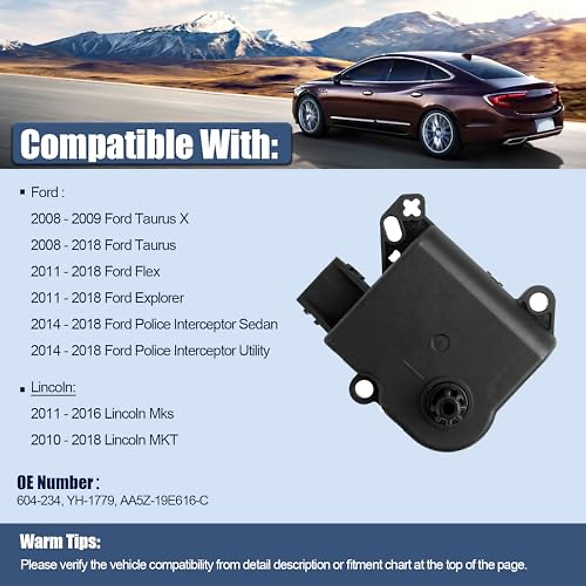 604-234 HVAC Blend Door Actuator Replacement for Ford Explorer & Flex 2011-2018, Ford Taurus 2008-2018, Lincoln MKT 2010-2018, Replaces# AA5Z-19E616-C, YH-1779