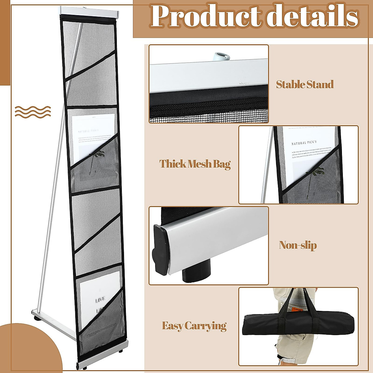 Thyle Magazine Display Rack 0.9ft x 4.6ft Mesh Brochure Display Holder Stand with 4 Pockets Portable Catalog Literature Display Rack for Tradeshows Retail Stores Vendor Events Businesses (Black)