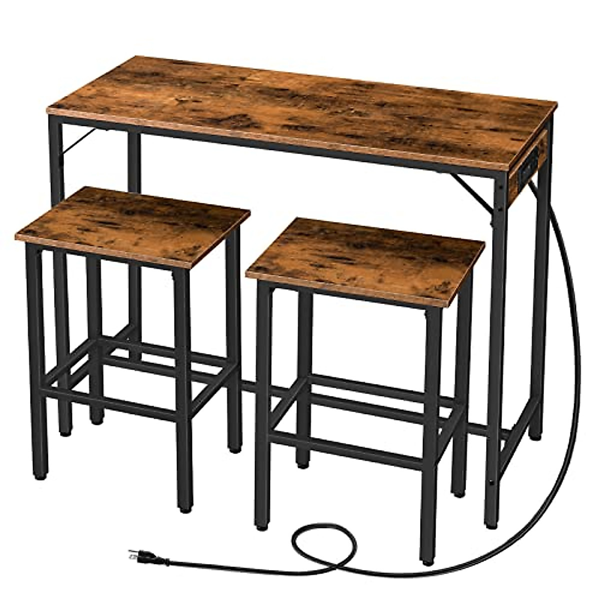 HOOBRO Bar Table Set with Power Outlet, Bar Table and Chairs Set, 3-Piece Pub Table Set, Kitchen Bar Height Table with Stools of 2, for Living Room, Dining Room, Rustic Brown and Black BF45UBT01