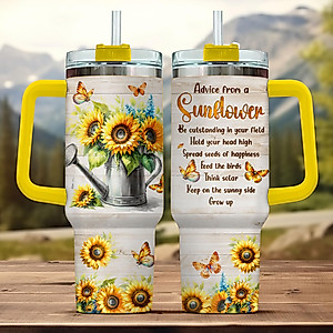 99OWL Cups Tumblers Women Butterfly Coffee Lavender Handle For Yellow, Sunflower Gifts, Tumbler 40 Oz With Handle Lid And Straw, Sunflower Canvas Cover