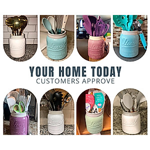 Ceramic Mason Jar Cutlery Holder - Set of 3 - Farmhouse Silverware Caddy for Kitchen Countretop - Decorative Spoon, Fork & Knife Holder for Parties & More - Rustic Caddy made of Premium Ceramic