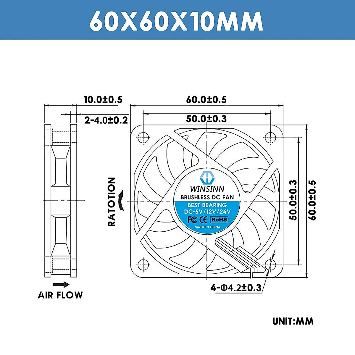 WINSINN DC 60mm Fan 24V 6010 Dual Ball Bearing Brushless Cooling 60mmx10mm 2PIN (Pack of 4Pcs)