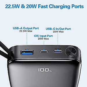 Portable Charger 20000mAh - 22.5W PD20W USB C Power Bank Fast Charging with Built-in Cables Lanyard 2in1, LED Display External Battery Pack with 4 Output 2 Input Charing Bank for iPhone, Samsung.
