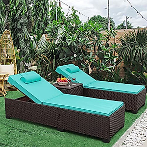 Valita Outdoor PE Wicker Chaise Lounge Set Patio Rattan Adjustable Reclining Lounge Chairs with Cushions and Matching Storage Table, Turquoise