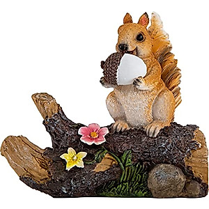 Solar Garden Statue Outdoor Decor, Squirrel Holding a Pinecone Stood on Trunk with Solar LED Lights, Outside Decoration for Patio Yard Lawn Porch Ornaments Gardening Gift