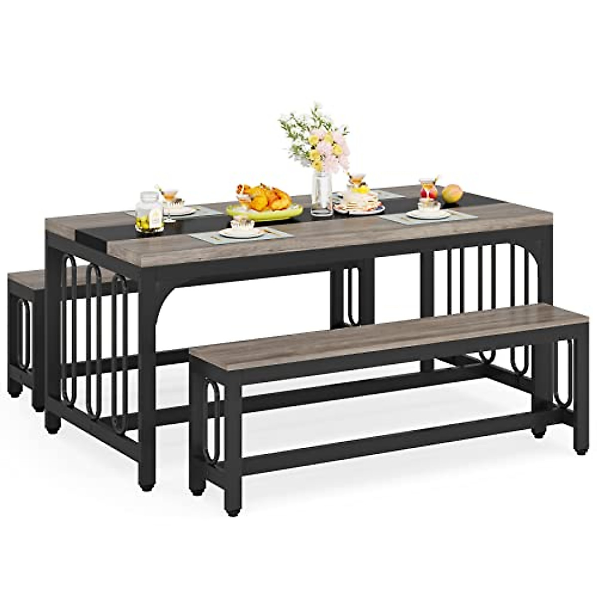 Tribesigns 55 Inch Dining Table Set for 4-6, 3-Piece Kitchen Table with 2 Benches, Space-Saving Dining Room Table Set for Home Kitchen, Restaurant, Grey