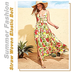 XZQTIVE Women Elastic Wide Belt - Fashion Summer Straw Imitate Woven Elastic Stretch Waist Band Boho Beach Dress Belts(1-Beige, Fit waist size below 34 inch)