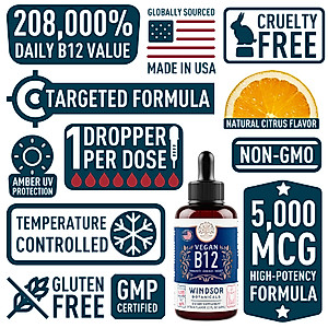 Vegan Vitamin B12 Liquid - Max Strength B12 Vitamins 5000 mcg Methylcobalamin Supplement - Liquid Vitamin B12 Sublingual Drops - Liquid B12 Vitamins Mood, Energy Support - Citrus Flavor B 12, 2oz