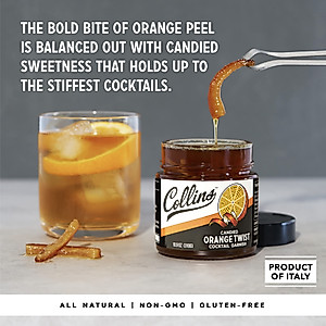 Collins Candied Fruit Orange Peel Twist in Syrup - Popular Cocktail Garnish for Skinny Margarita, Martini, Mojito, Old Fashioned Drinks, Peel for Baking, 10oz