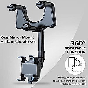 PKYAA Rearview Mirror Phone Holder for Car, 360° Rotating Rear View Mirror Phone Mount with Adjustable Arm Length, Multifunctional Phone and GPS Holder Universal Car Phone Holder for All Smartphones