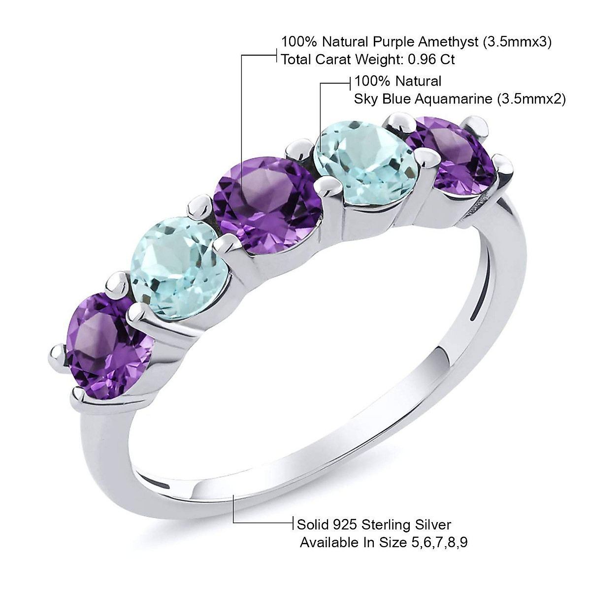 Gem Stone King 925 Sterling Silver Sky Blue Aquamarine and Purple Amethyst Wedding Band Ring For Women (0.96 Cttw, Round 3.5MM, Gemstone March Birthstone, Available In Size 5, 6, 7, 8, 9)