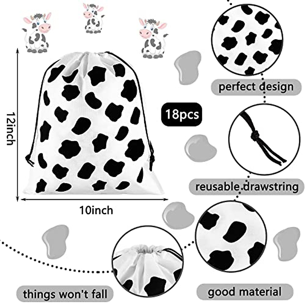 Shappy 18 Pieces Cow Plaid Soccer Paw Print Non Woven Bags Drawstring Bags Large Treat Candy Goodie Present Bags for Animal Theme Birthday Party Favors, 10 x 12 Inch (Cow Pattern)