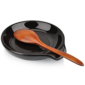 HONEZUEN Kitchen Black Spoon Rest for Stove Top, Round Large Ceramic Spoon Holder for Kitchen Counter, Rustic Farmhouse Utensil Rest for Spatula, Ladle, Spoons or Tongs, Dishwasher Safe