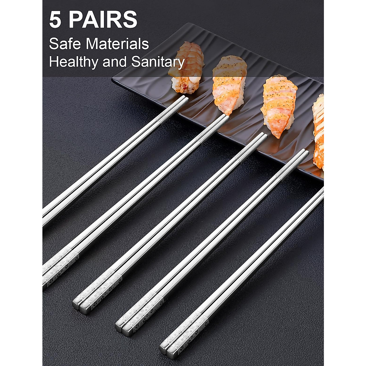 FOFAYU 5 Pairs Metal Chopsticks Reusable 18/8 stainless steel Chopsticks Japanese Style Dishwasher Safe Lightweight Non-Slip Chop Sticks 9 1/4 Inches Present Set