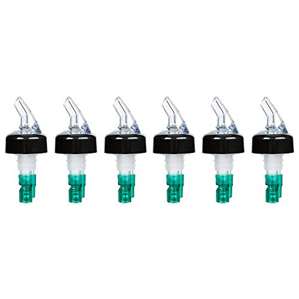 (Pack of 6) Measured Liquor Bottle Pourers, 0.75 oz, Clear Spout Bottle Pourer with Green Tail and Black Collar, Measured Pour Spouts by Tezzorio