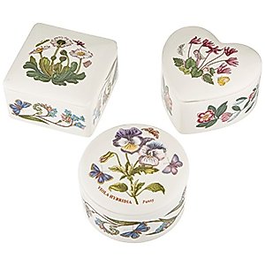 Portmeirion Botanic Garden Set of 3 Covered Boxes | 3.5 Inch Mini Boxes | Ideal for Storing Trinkets and Jewelry | Assorted Floral Motifs | Dishwasher Safe