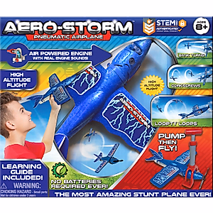 Top Secret Toys Aero-Storm Aerobatic Toy Stunt Plane (Blue) with Air Powered Engine, High Flying Trick Airplane, Propeller Powered by Hand Pump Pressurized Air, STEM Toy for Kids, Boys, Girls Ages 8+