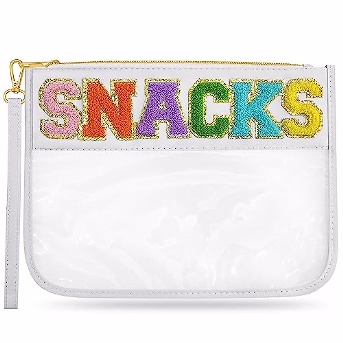 LSxia Chenille Letter Clear Travel Zipper Pouch Nylon Makeup Bag, Preppy Makeup Bag Clear Cosmetic Toiletry Bag, Water-proof Makeup Travel Pouch Snack Bags for Women Girls (White-Snacks)