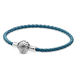 Pandora Turquoise Braided Shell Clasp Leather Bracelet, 19cm, Sterling Silver, Leather