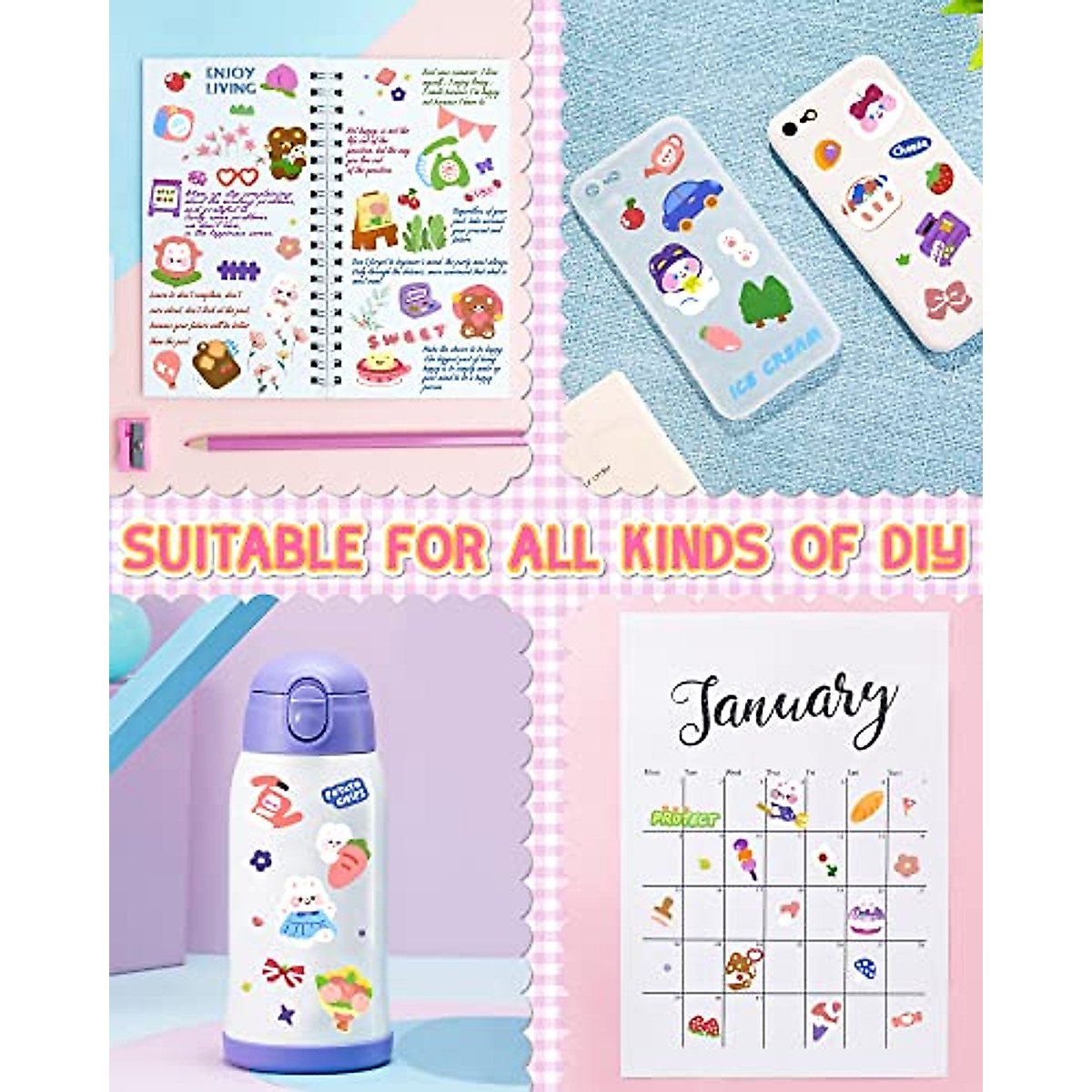 Benresive 1000 Pcs Cute Stickers for Kids, Water Bottle Stickers Kawaii Waterproof Vinyl Scrapbook Phone Laptop Stickers, 100 Sheets Journaling Aesthetic Sticker Packs for Girls Teens（Pink）