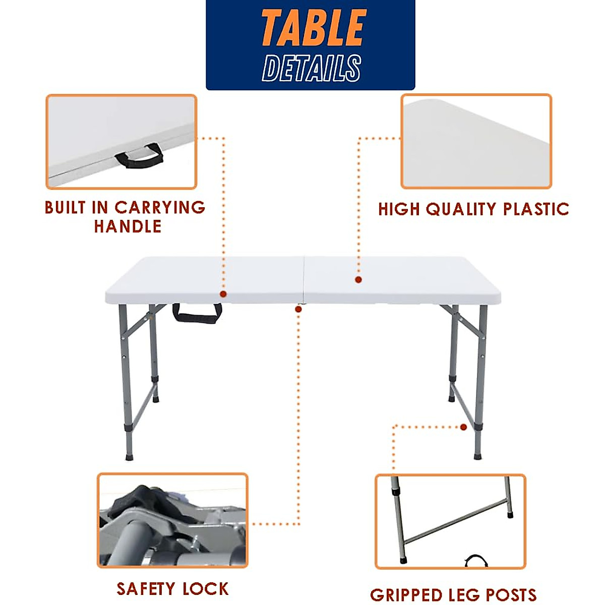 CozyBox Folding Table Indoor Outdoor Heavy Duty Portable Folding Plastic Dining Table w/Handle, Lock for Picnic, Party, Camping - White (4ft, 6ft, 8ft) (4ft)