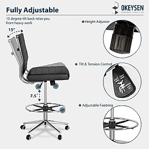 Okeysen Armless Drafting Chair, Tall Office Desk PU Leather Chair for Standing Desk, Drafting Stool with Mid Back, Rolling Stool with Footrest, Height Adjustable Swivel Task Chair for Home Office