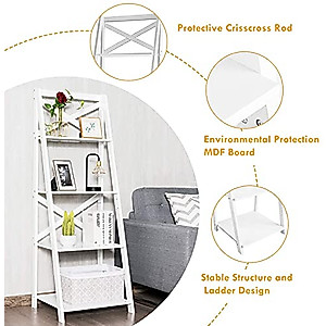 LUARANE Modern 4-Tier Ladder Shelf, Wooden Bookshelf with X-Shaped Frame, Free Standing Bookcase with 4 Open Storage Shelves, Organizer Shelf for Living Room Kitchen Office (2, White)