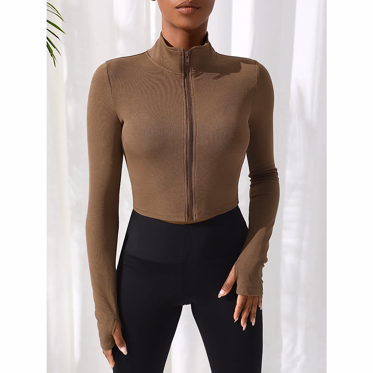 SweatyRocks Women's Long Sleeve Stand Collar Zip Up Crop Top Stretchy Sports Jacket Activewear Coffee Brown L