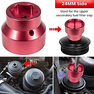Fuel Filter/Oil Filter Socket 24mm / 36mm Reversible Fuel Filter Cap Remover and Installer Assistant for 2003-2010 6.0L / 6.4L Ford Powerstroke Diesel (Red)