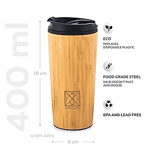 Santai Living Insulated Bamboo Travel Mug Tumbler Leak-Proof Black Flip Lid Coffee Cup Stainless Steel Thermos,16oz/400ml